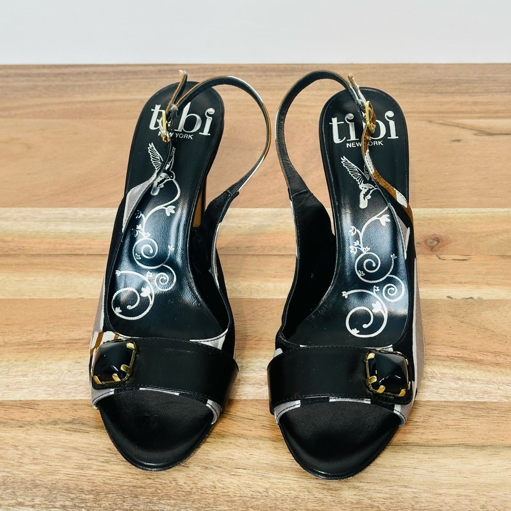 Tibi Black Print Silk Slingback Heels Sandals Shoes S… - Gem